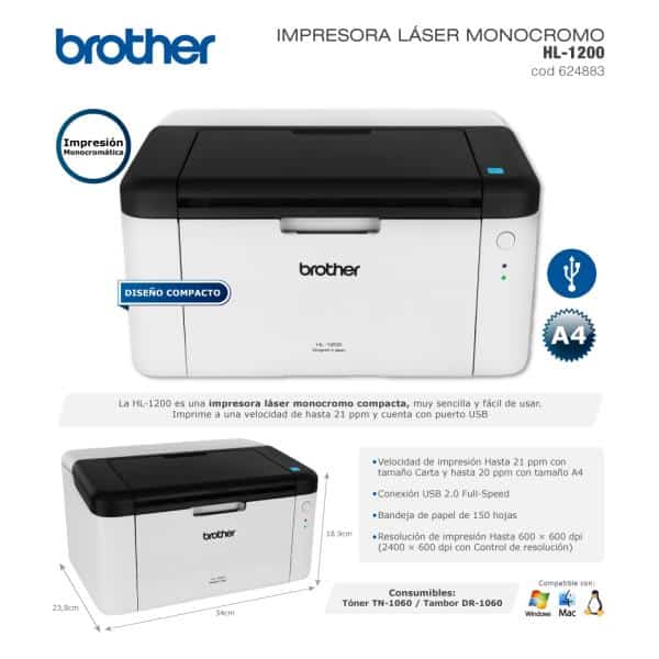 IMPRESORA LASER NEGRO BROTHER HL-1200 (TN-1060) – Omega Computación